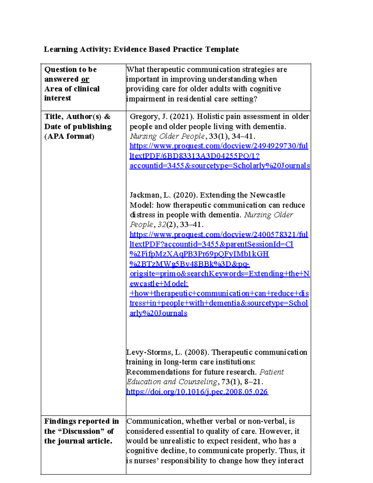 EBP Assignment: Therapeutic Communication Strategies for Older Adults ...