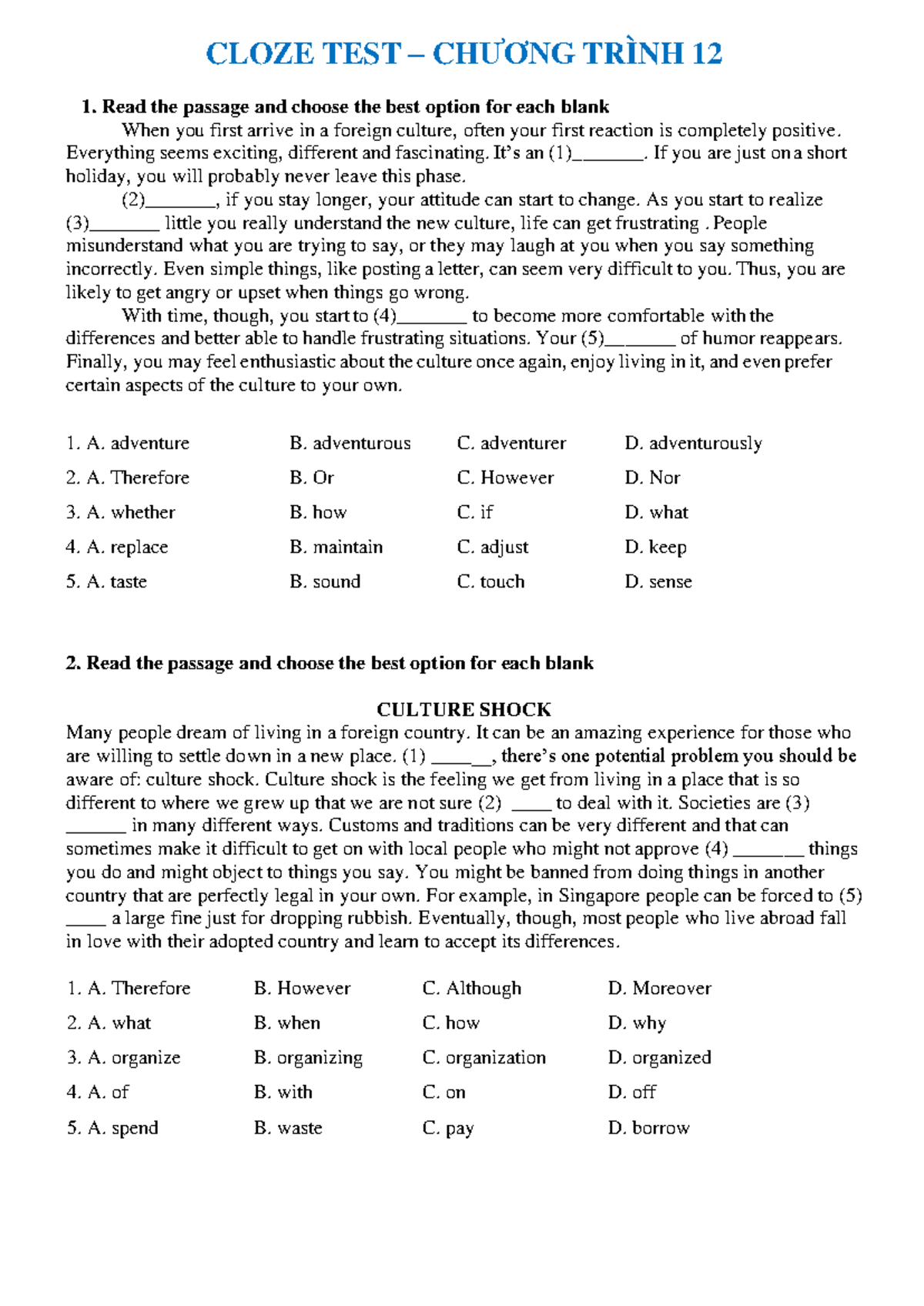 Cloze Test - Đánh giá ngôn ngữ - Chương trình 12 - Studocu