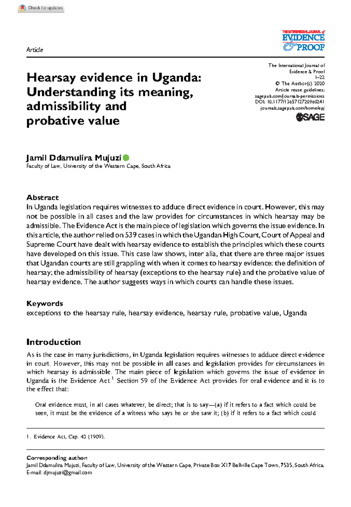 Hearsay Evidence in Uganda: Admissibility, Meaning, and Value Analysis ...