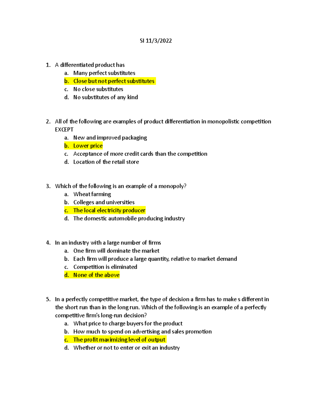 econ 101 - competitive markets and monopolies - SI 11/3/ A ...