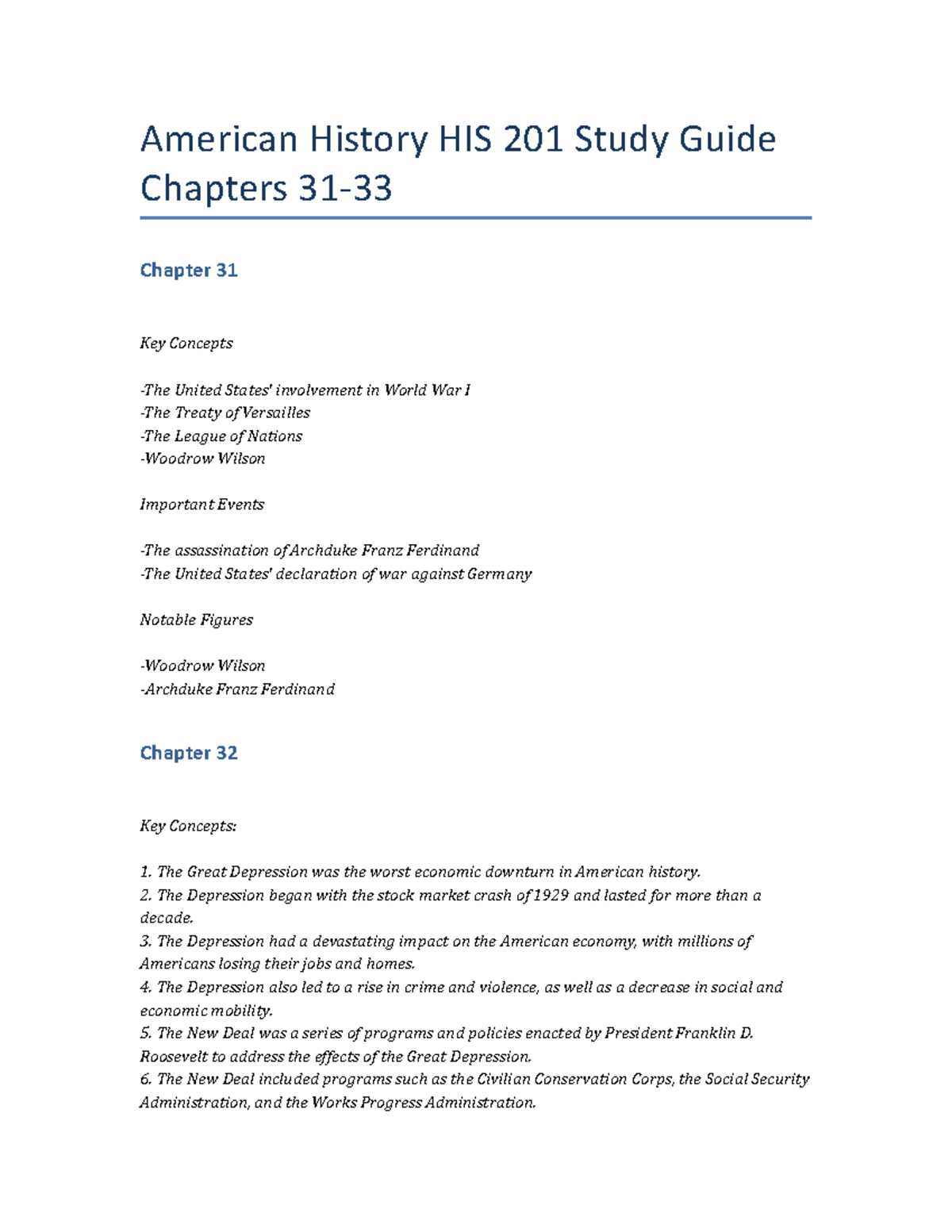 American History HIS 201 Study Guide: Overview of Chapters 31-33 - Studocu
