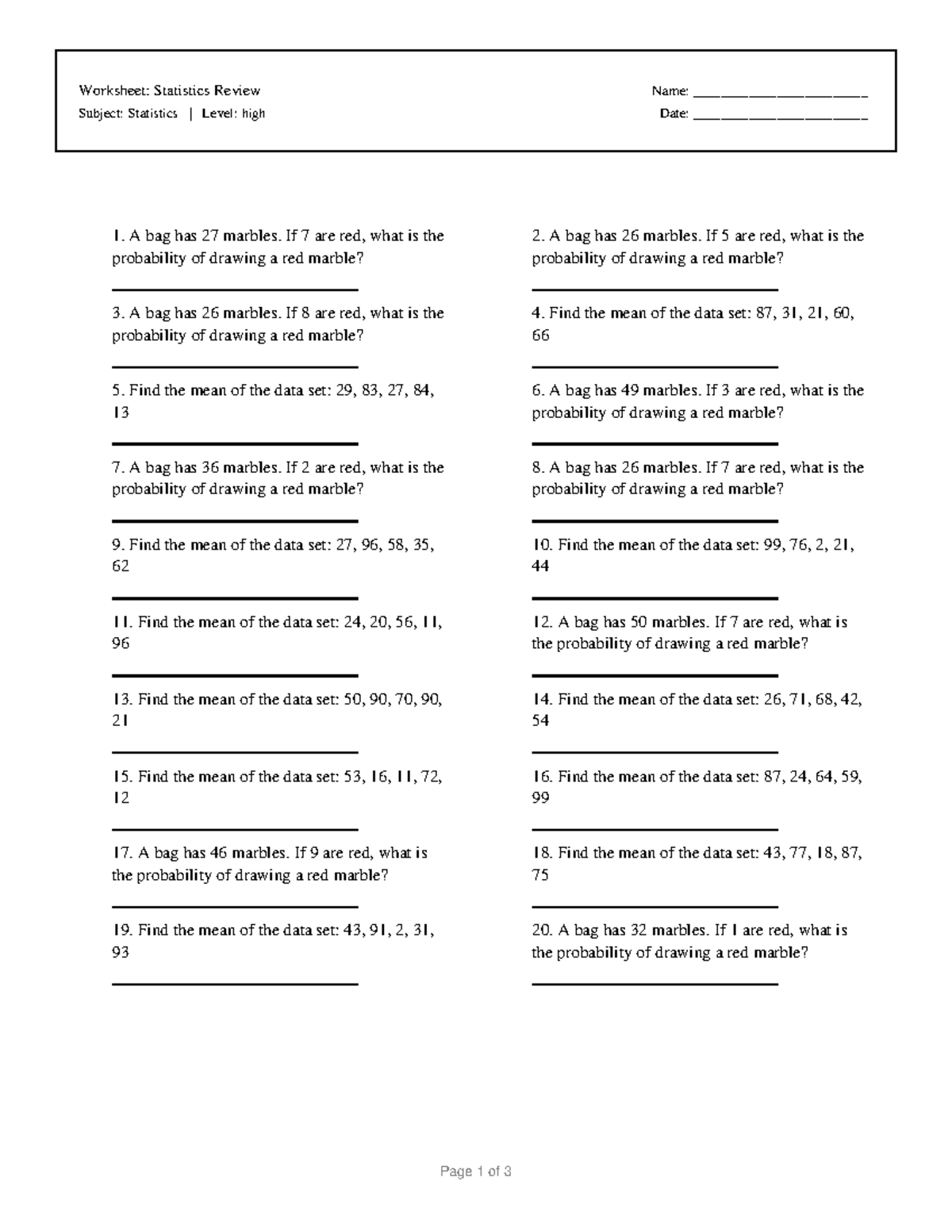 Statistics 5: Worksheet on Probability & Mean Calculations - Studocu