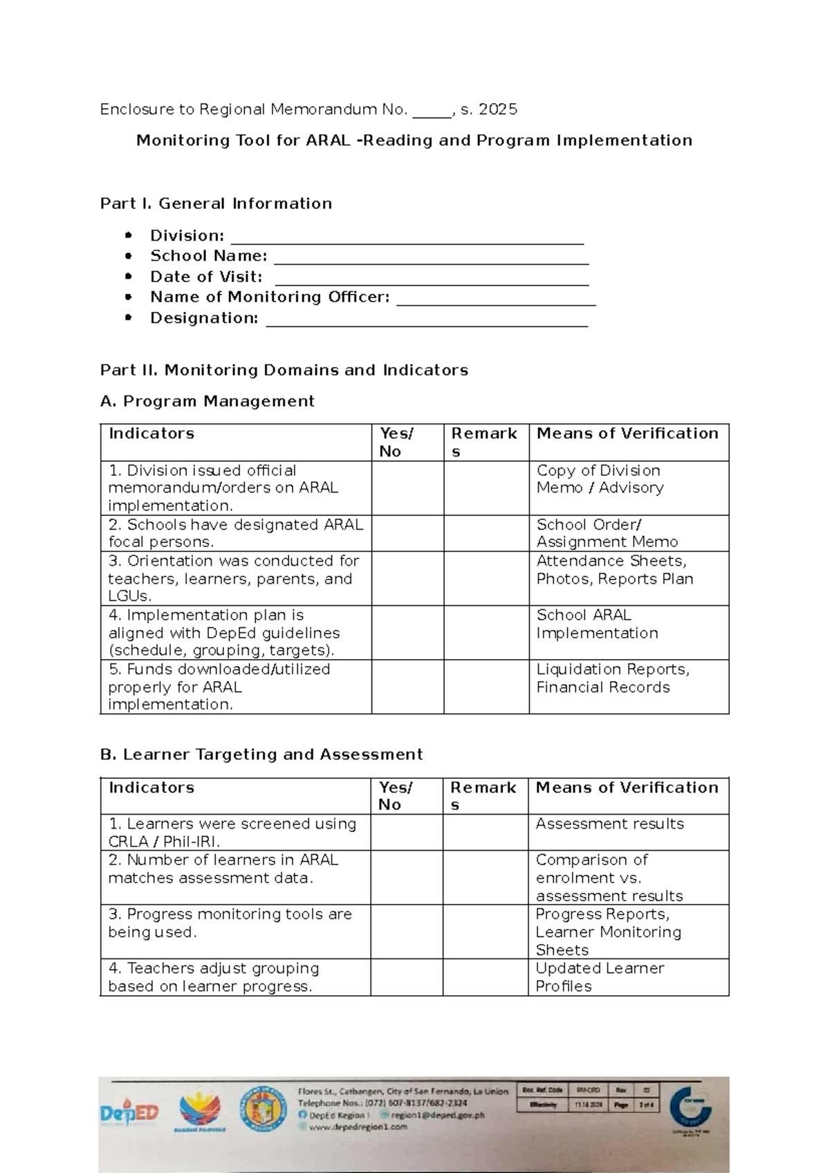 Monitoring Tool for ARAL Reading Program Implementation (Memorandum No. s. 2025) - Studocu