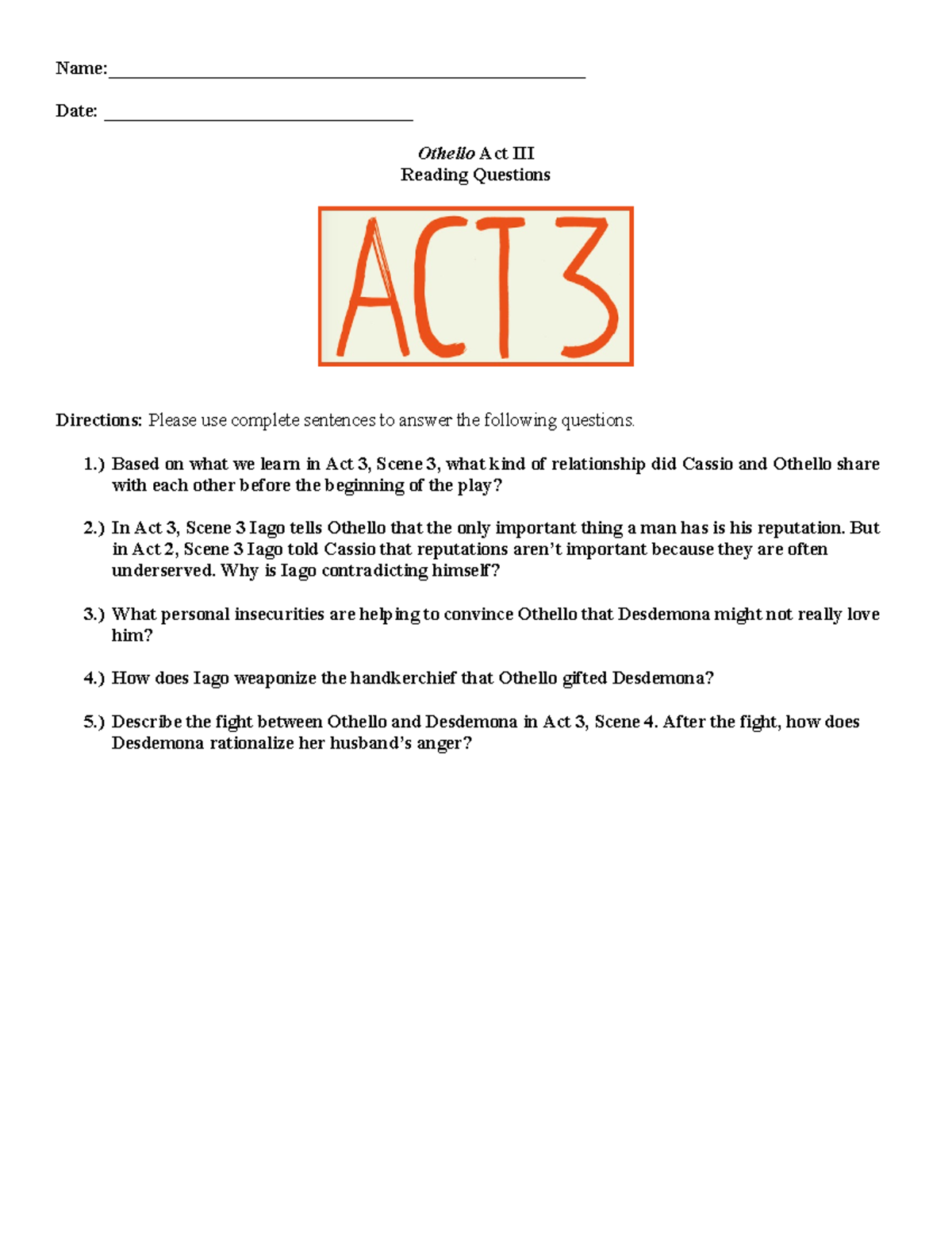 Othello Act III: In-Depth Reading Questions & Analysis - Studocu