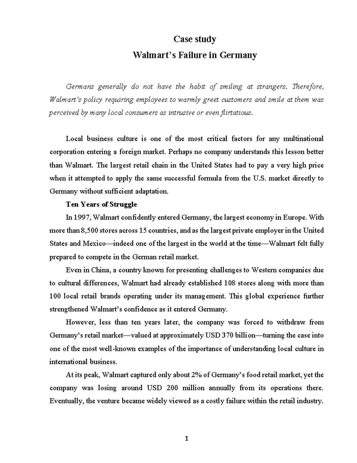 Case Study: Walmart's Cultural Missteps in Germany - Studocu