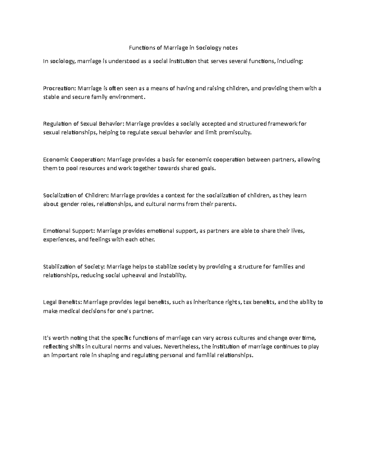 Functions of Marriage in Sociology: Key Insights and Notes - Studocu