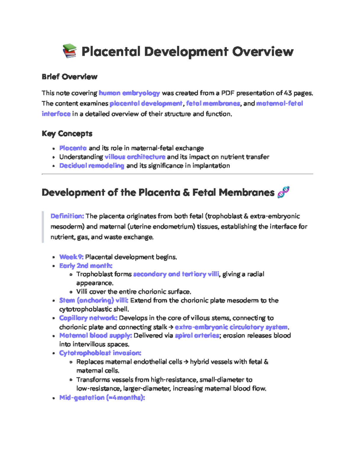 Placental Development Overview - Human Embryology - Studocu