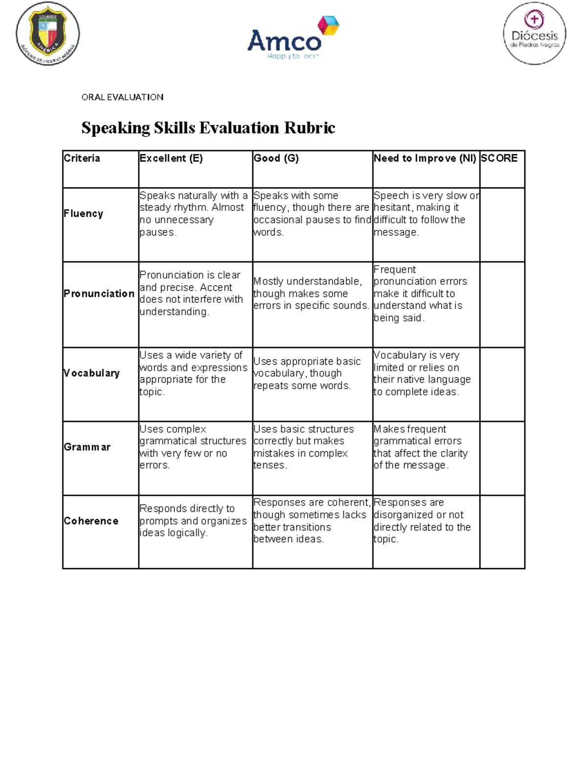 ORAL EVALUATION Speaking Skills Rubric Criteria - Studocu