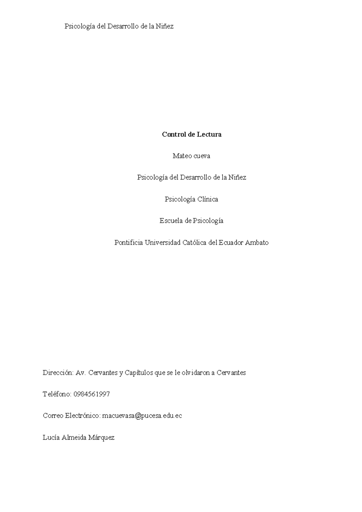 Control de Lectura: Psicología del Desarrollo de la Niñez - Studocu