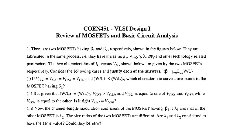 COEN451 VLSI Design I Assignment 1: MOSFETs & Circuit Analysis Review ...