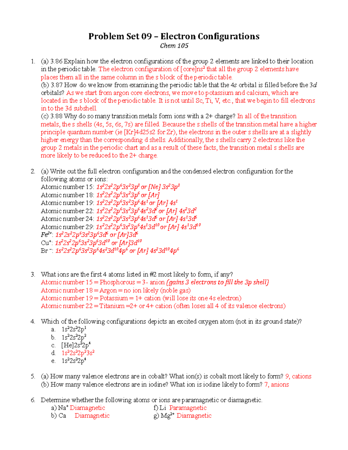 Chemistry 105 - Problem Set 09 – Electron Configurations - Problem Set ...