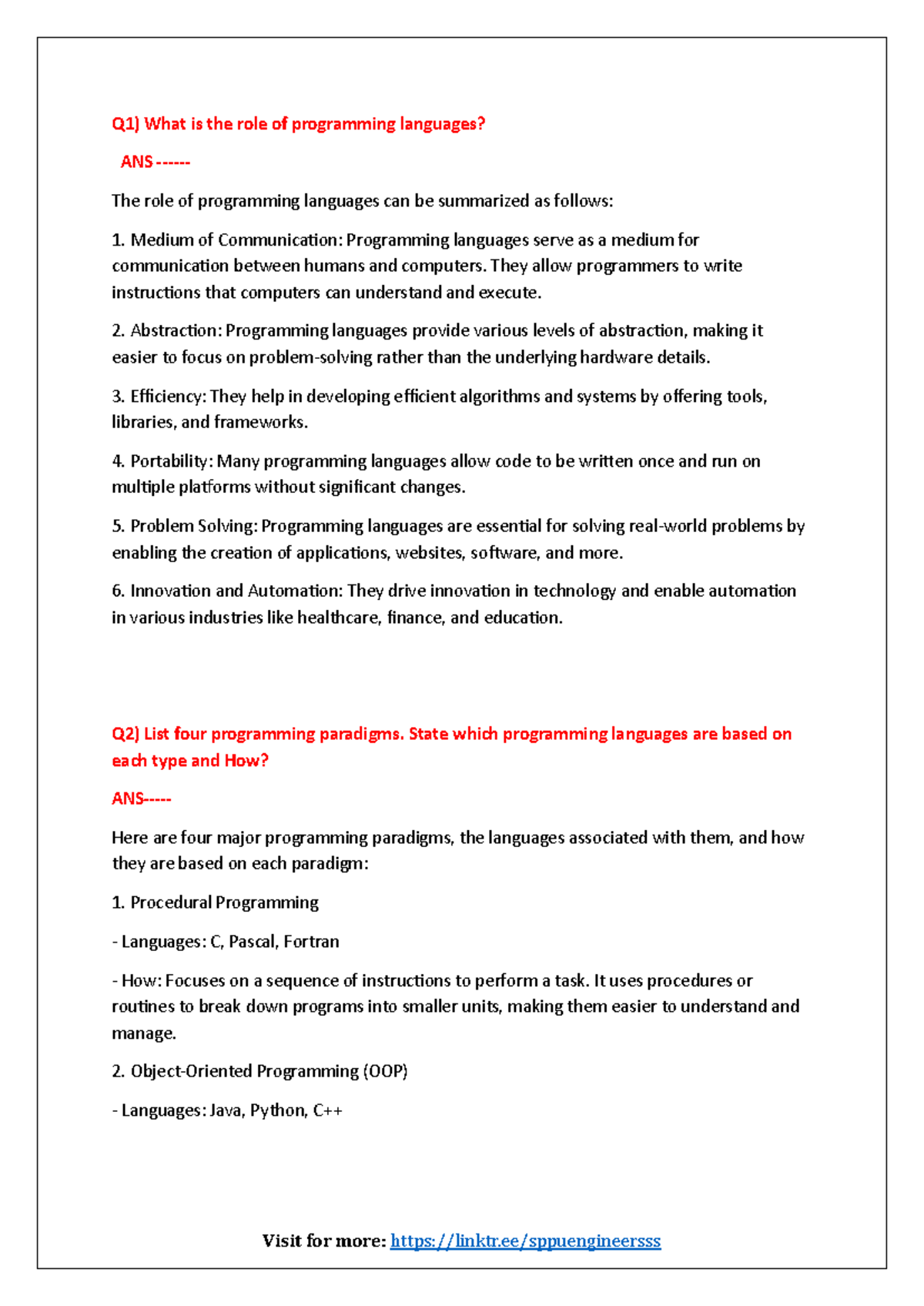 PPL Unit-1 Master Solution - Q1) What is the role of programming ...