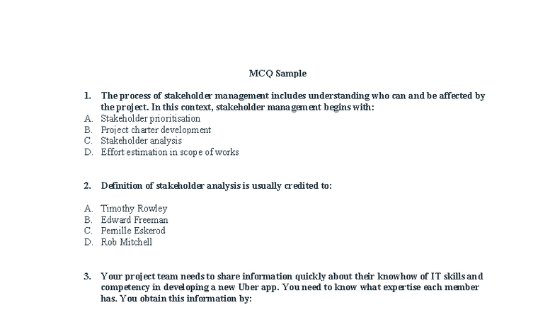 Sample - MCQ Qs only - jjj - MCQ Sample The process of stakeholder ...