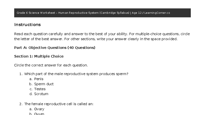 Grade 6 Science Worksheet: Human Reproductive System (Cambridge) - Studocu