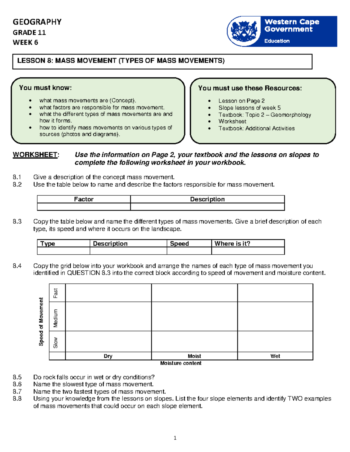 Grade 11 GEOGRAPHY WEEK 6 Lesson 8: Understanding Mass Movements - Studocu