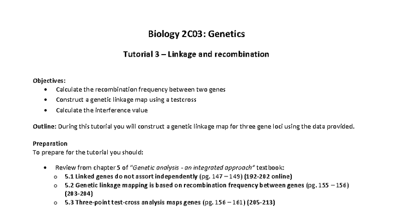 Biology 2C03: Genetics Tutorial 3 - Linkage & Recombination Analysis ...