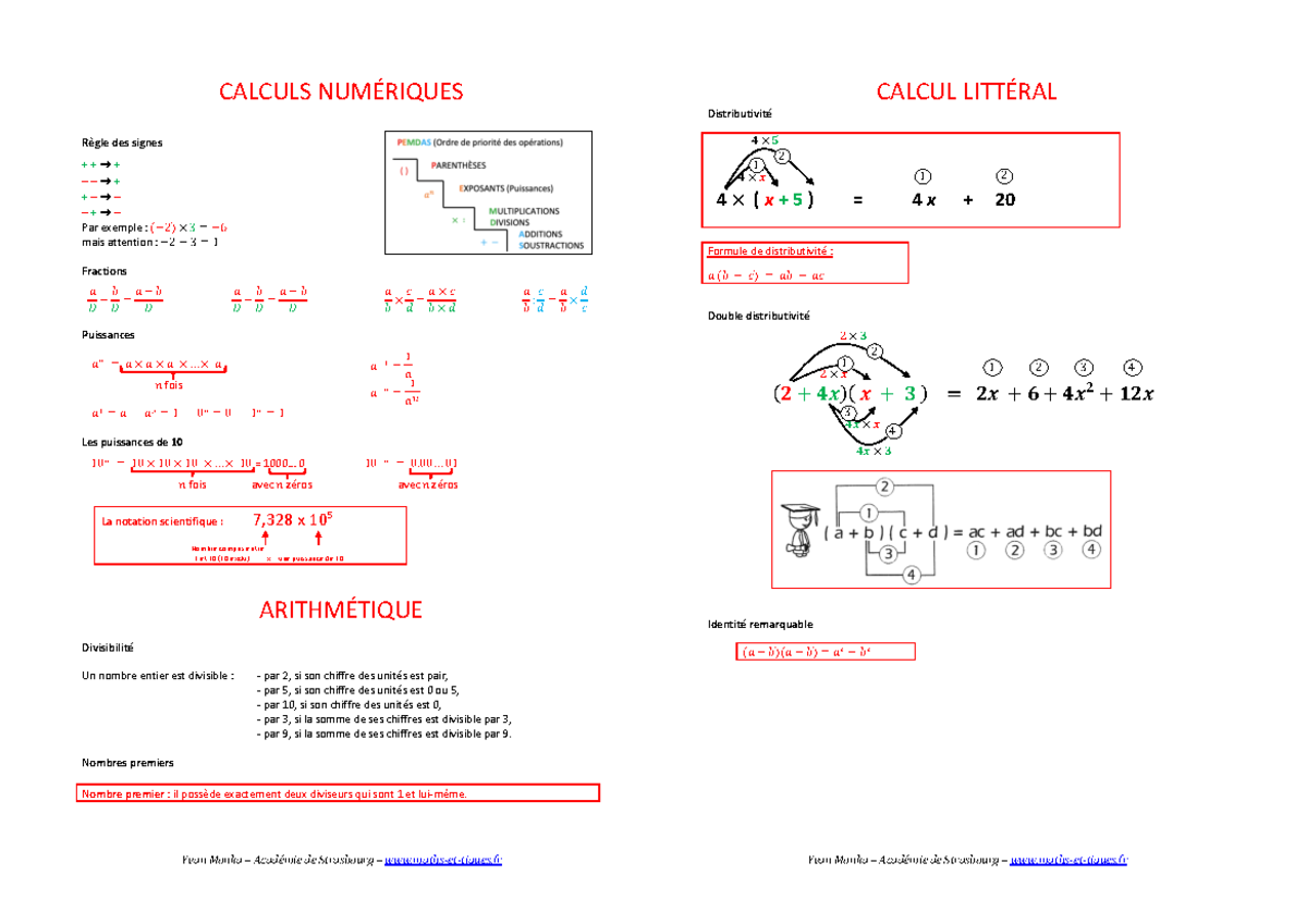 Fiche Technique de Maths - Calculs Numériques et Aritmétique - Studocu