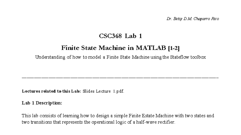 CSC368 Lab 1: Finite State Machine Design in MATLAB - Studocu