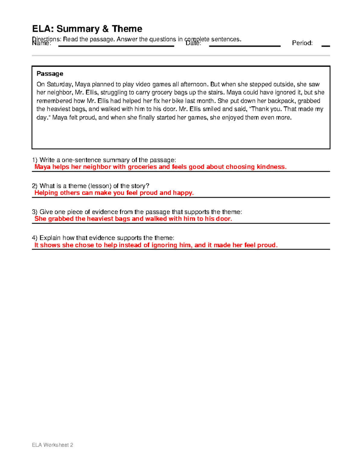 06 ELA: Summary & Theme Worksheet - Studocu
