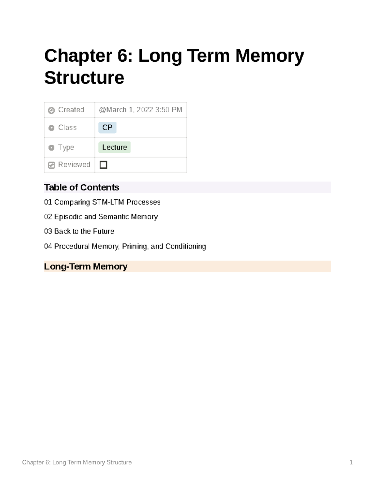 Chapter 6 Long Term Memory Structure - Chapter 6: Long Term Memory Structure Created Class CP ...
