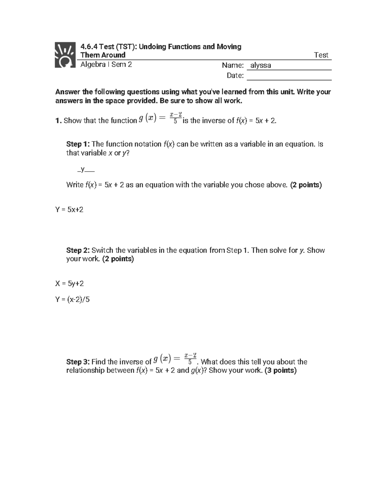 4.6.4 TST: Inverse Functions and Transformations in Algebra I - Studocu