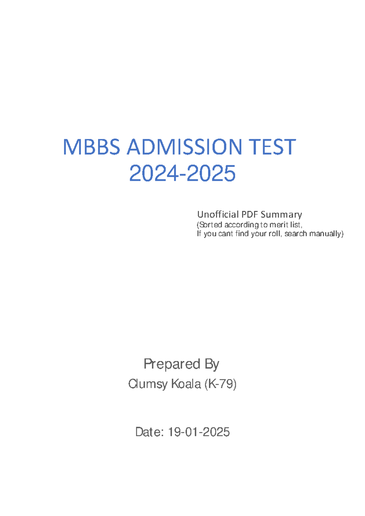 MBBS ADMISSION TEST 2024-2025 Merit List Summary - Studocu
