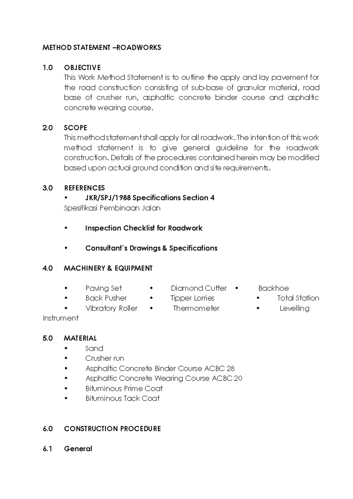 Sample MOS Roadworks - This Work Method Statement is to outline the ...