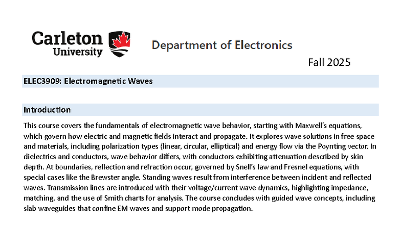 Fall 2025 ELEC3909: Course Outline on Electromagnetic Waves - Studocu