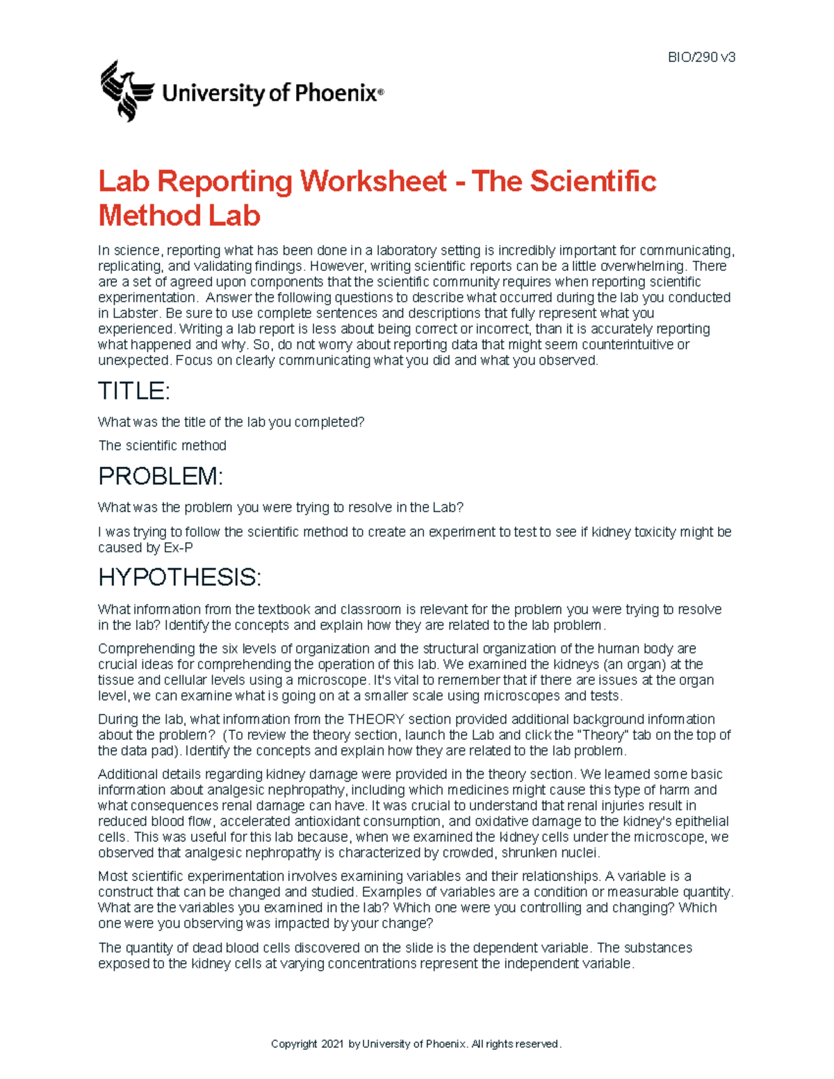BIO/290 v Week 1 Lab Report: The Scientific Method Explained - Studocu