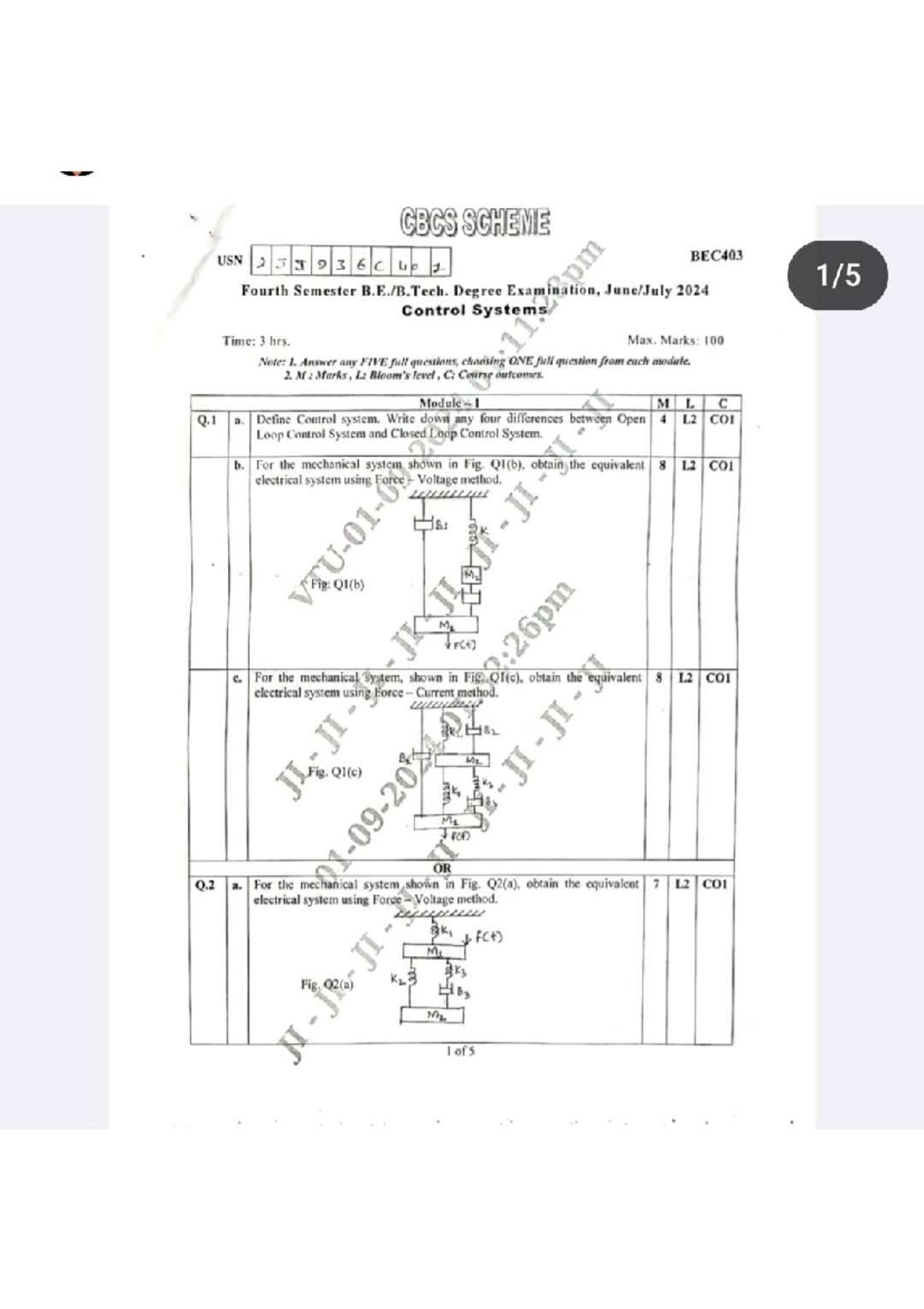 2024 BEC403 Control Systems Fourth Semester Exam Paper - Studocu