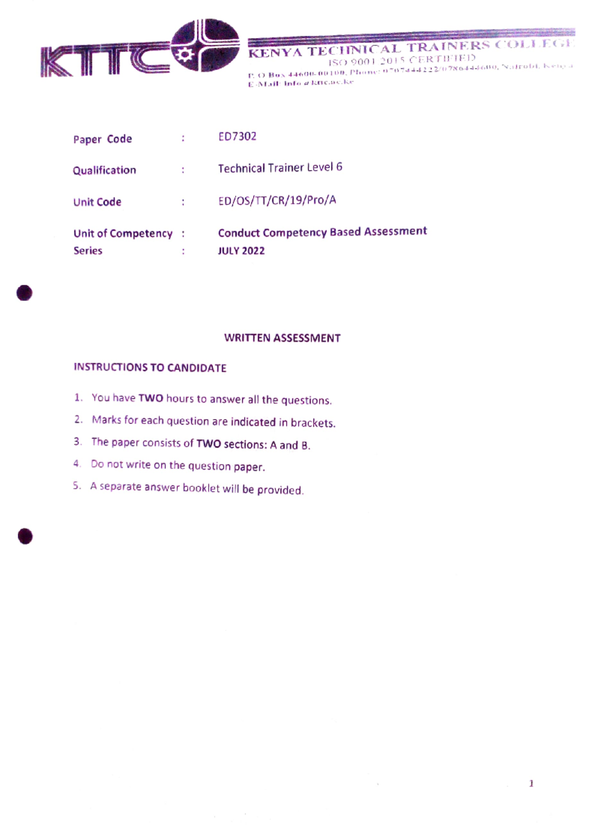CBA ED/OS/TT/CR/19/Pro/A July 2022 Past Exam Paper - Studocu