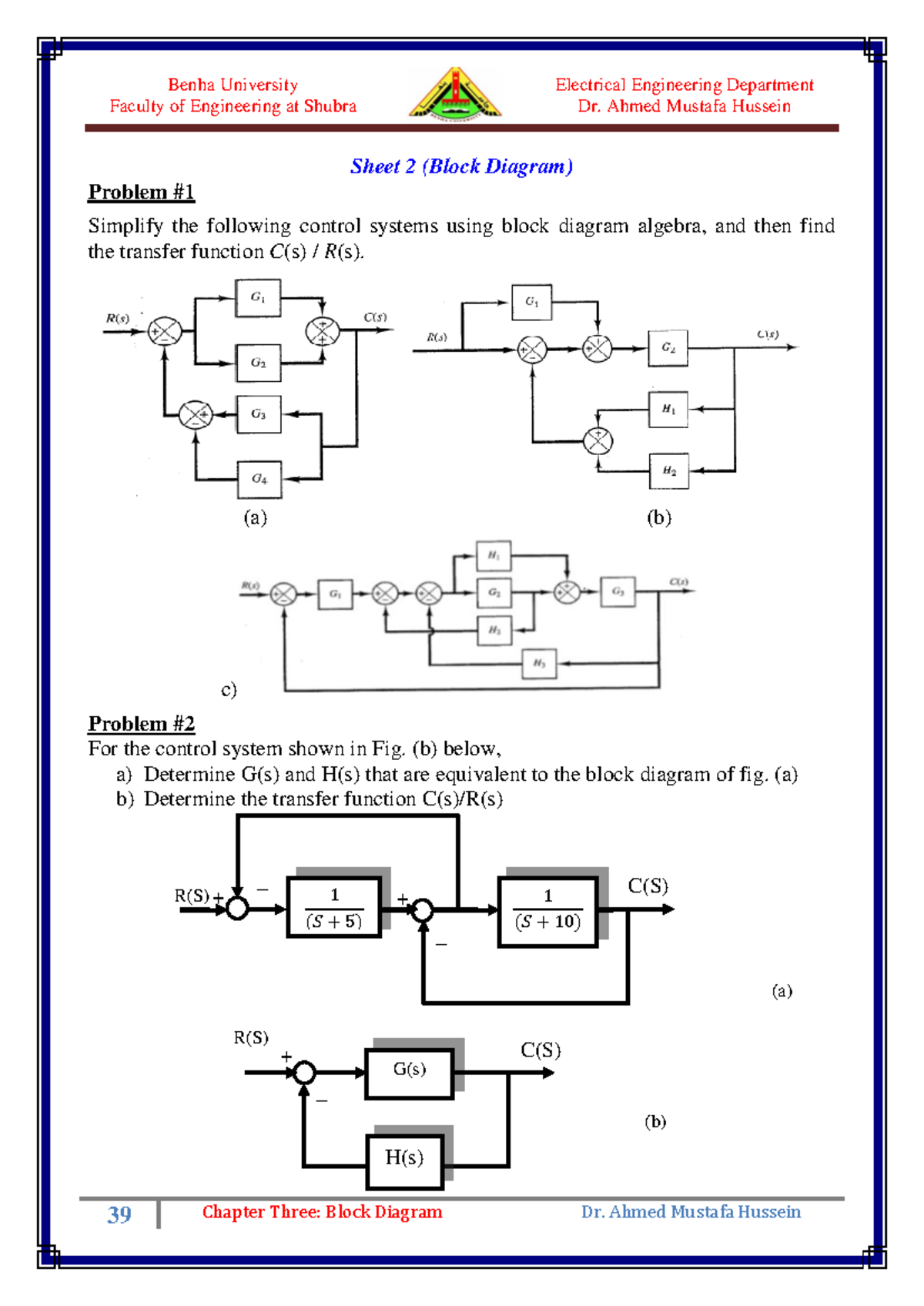 Block Diagram Algebra Summary – Control Systems Problems - Studocu