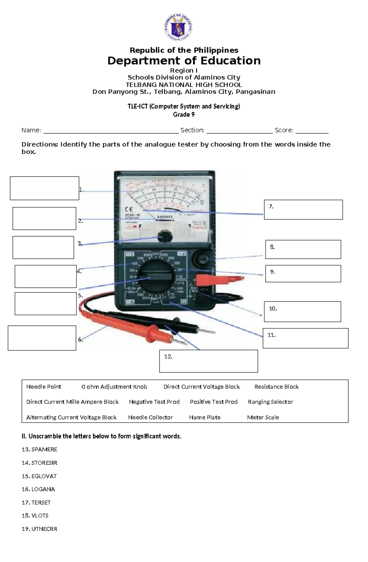 Grade 8 STE Prelim Exam: Analogue Tester Parts Identification - Studocu