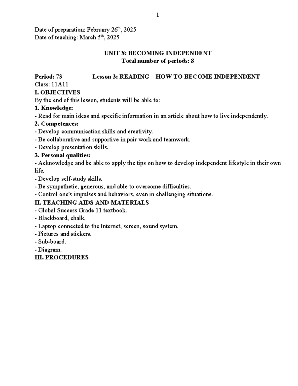 Unit 8: Reading Strategies for Independence - Class 11A11 Lesson Plan ...