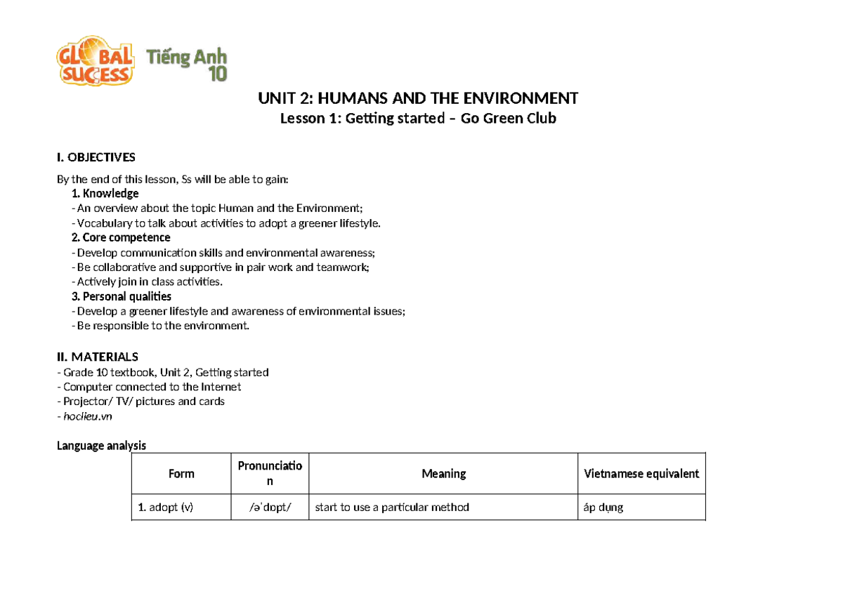 TA10 - Unit 2: Humans and the Environment - Lesson 1: Go Green Club ...