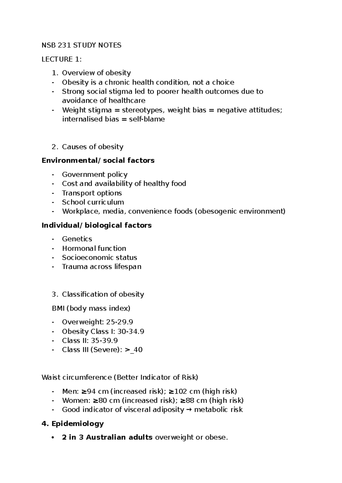 NSB 231 Study Notes: Overview of Obesity and Diabetes Management - Studocu