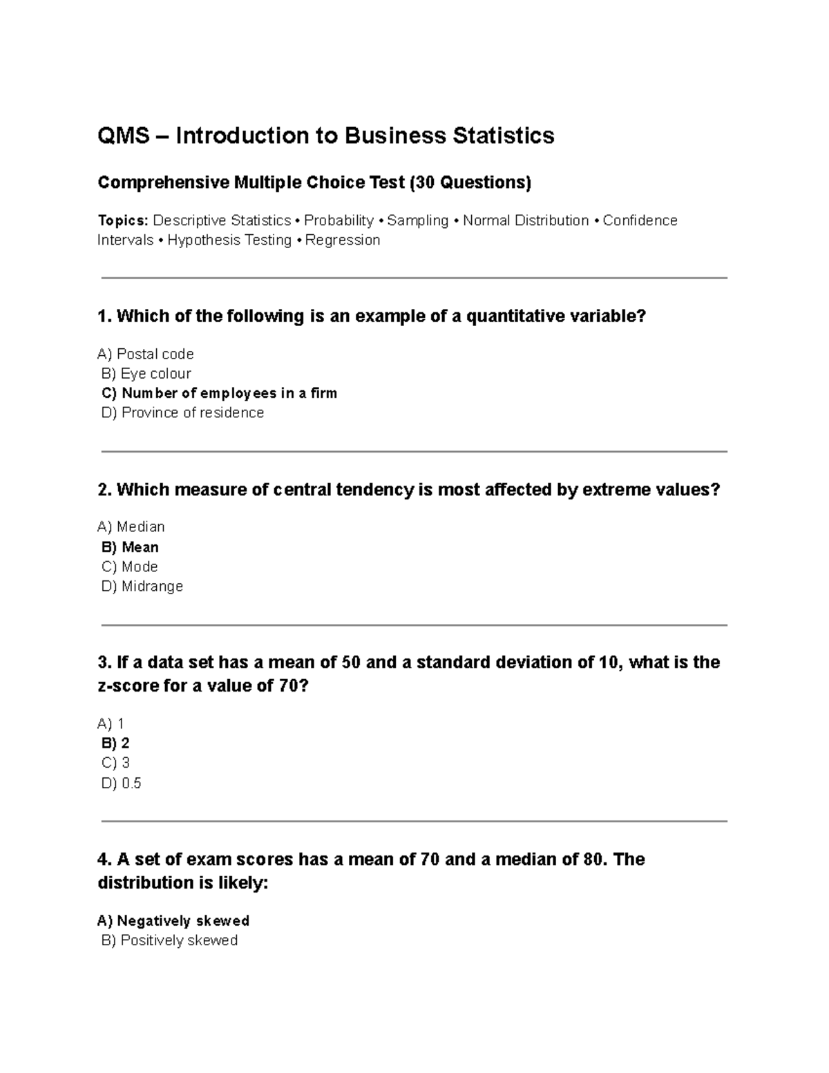 QMS QUIZ 5: Comprehensive MC Test on Business Statistics - Studocu