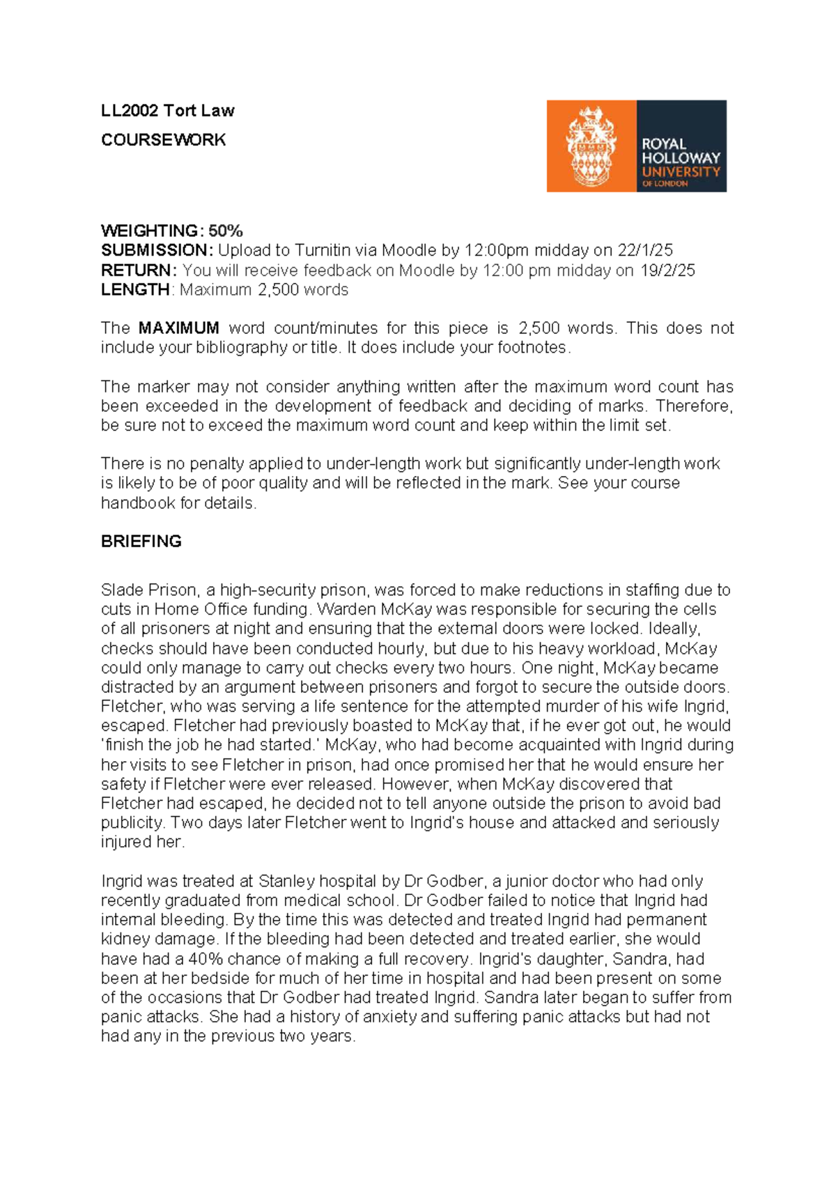 LL2002 Tort Law Coursework Analysis and Liability Assessment 2024-5 ...