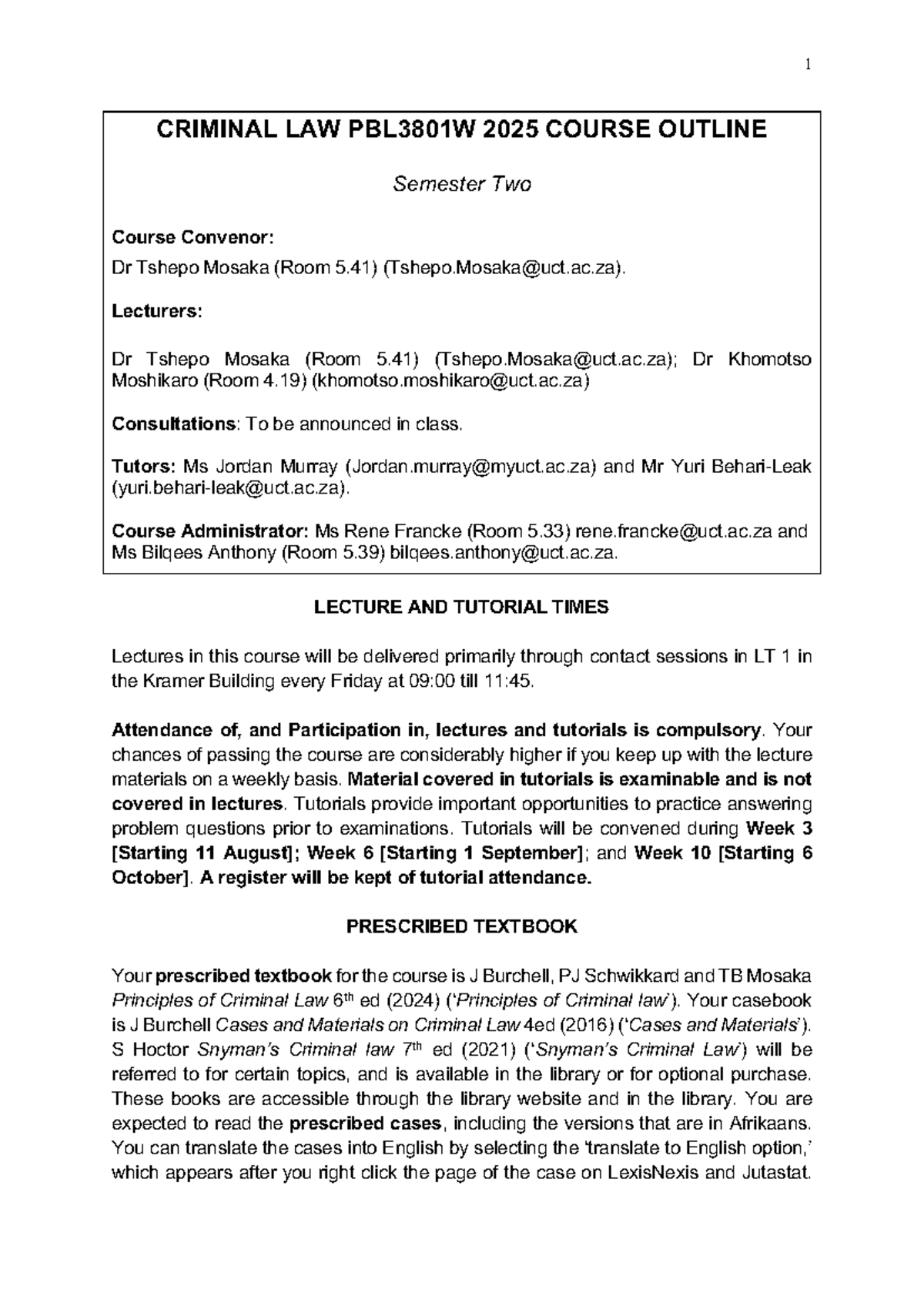 PBL3801W Criminal Law Course Outline - Semester Two 2025 - Studocu