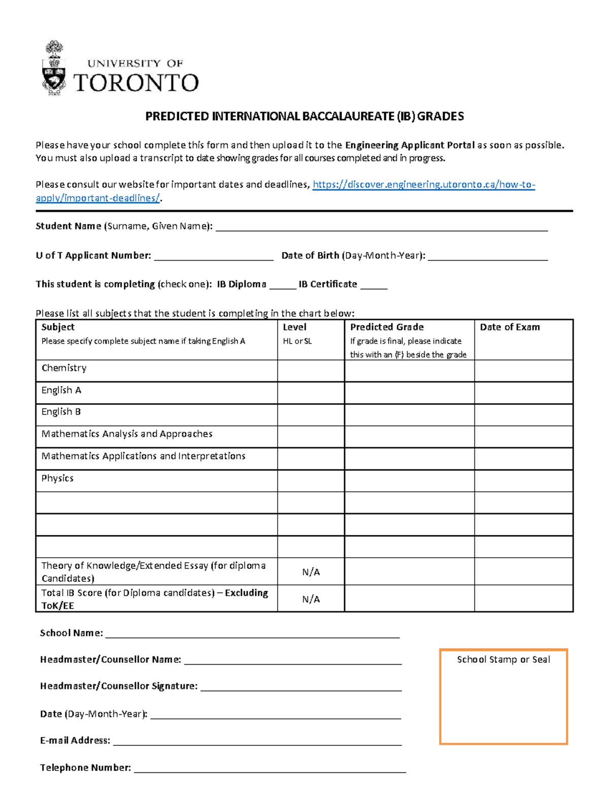 IB Predicted Grades Form for Engineering Applicants - Studocu