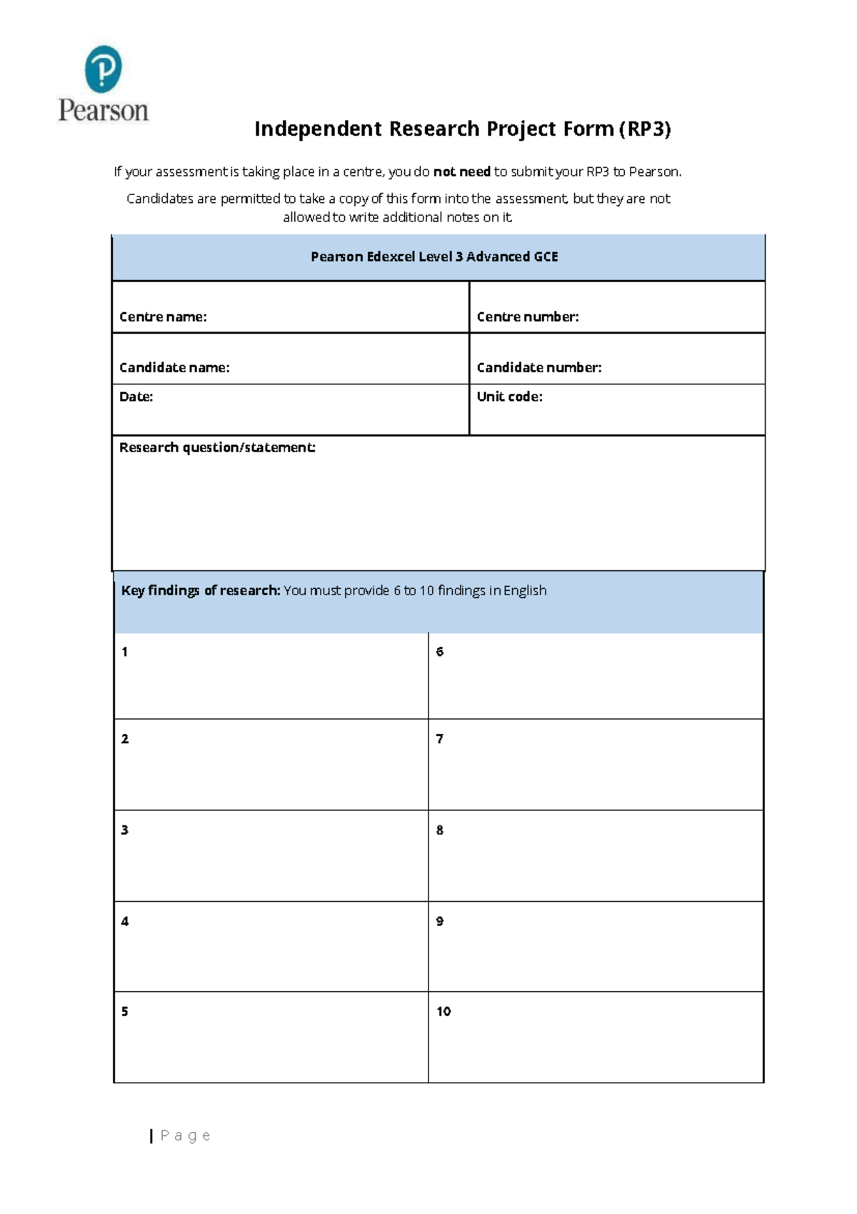 Independent Research Project Form (RP3) - Edexcel Level 3 GCE - Studocu