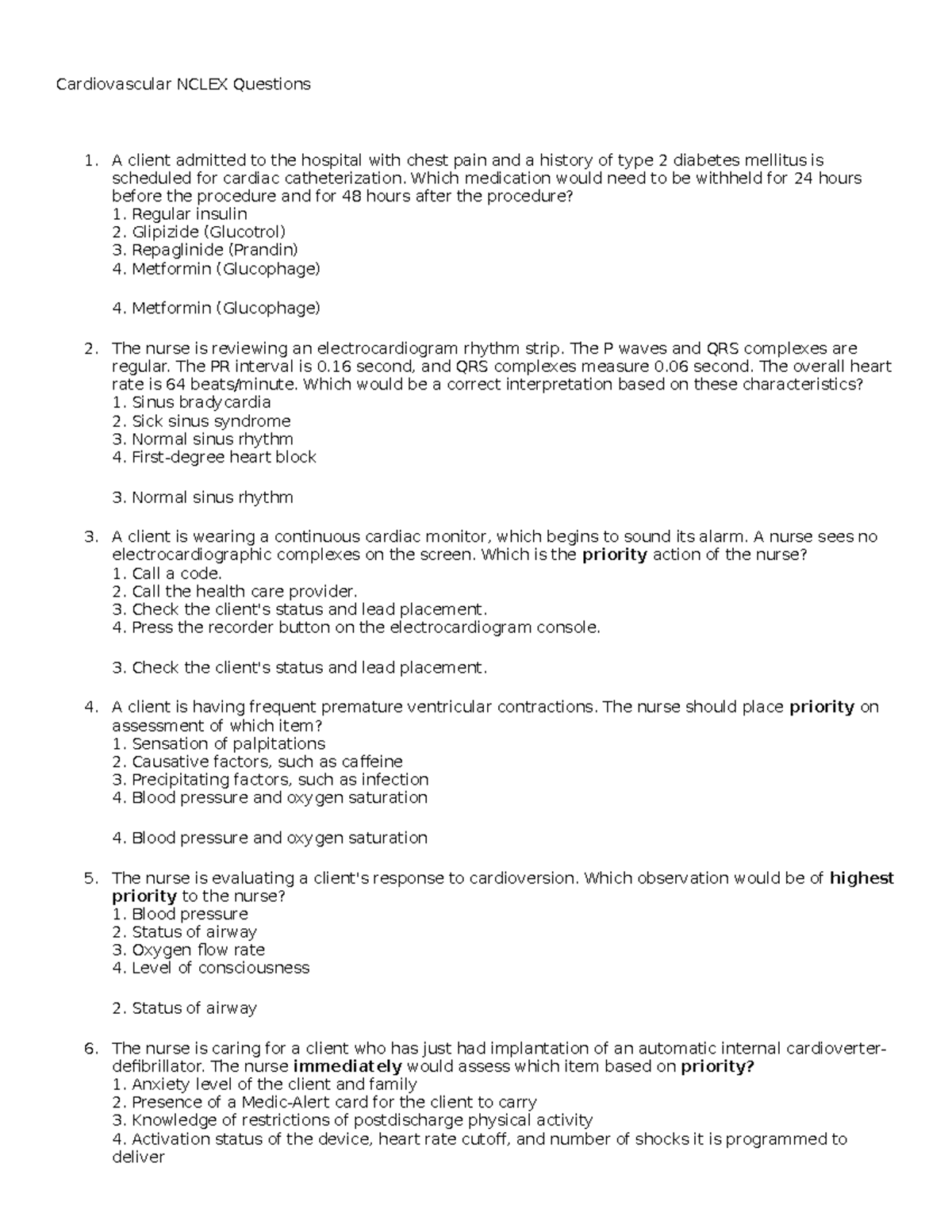 Cardiovascular NCLEX Review Questions and Answers for Nursing Students ...