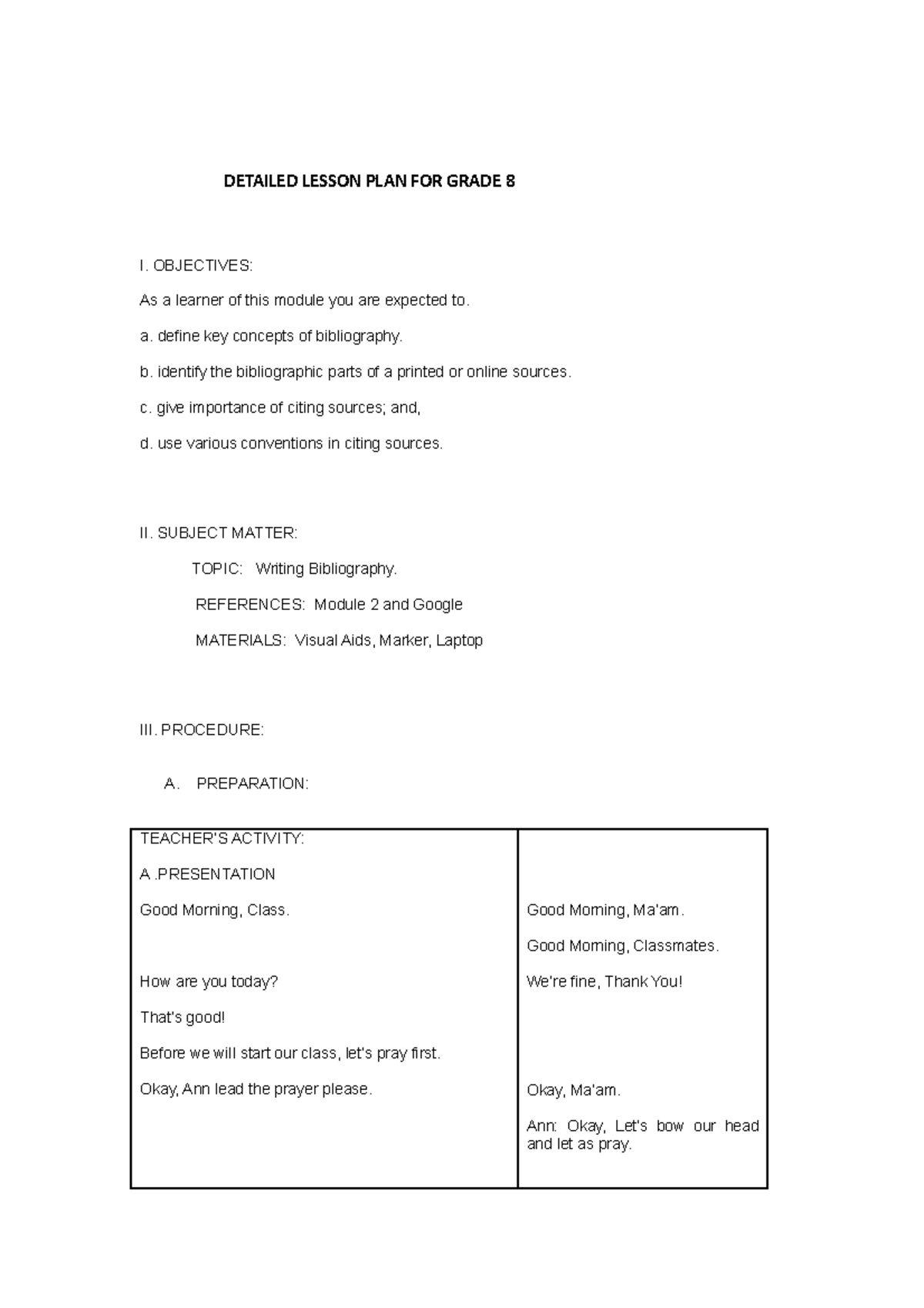 Lesson Plan: Writing Bibliography for Grade 8 Students - Studocu