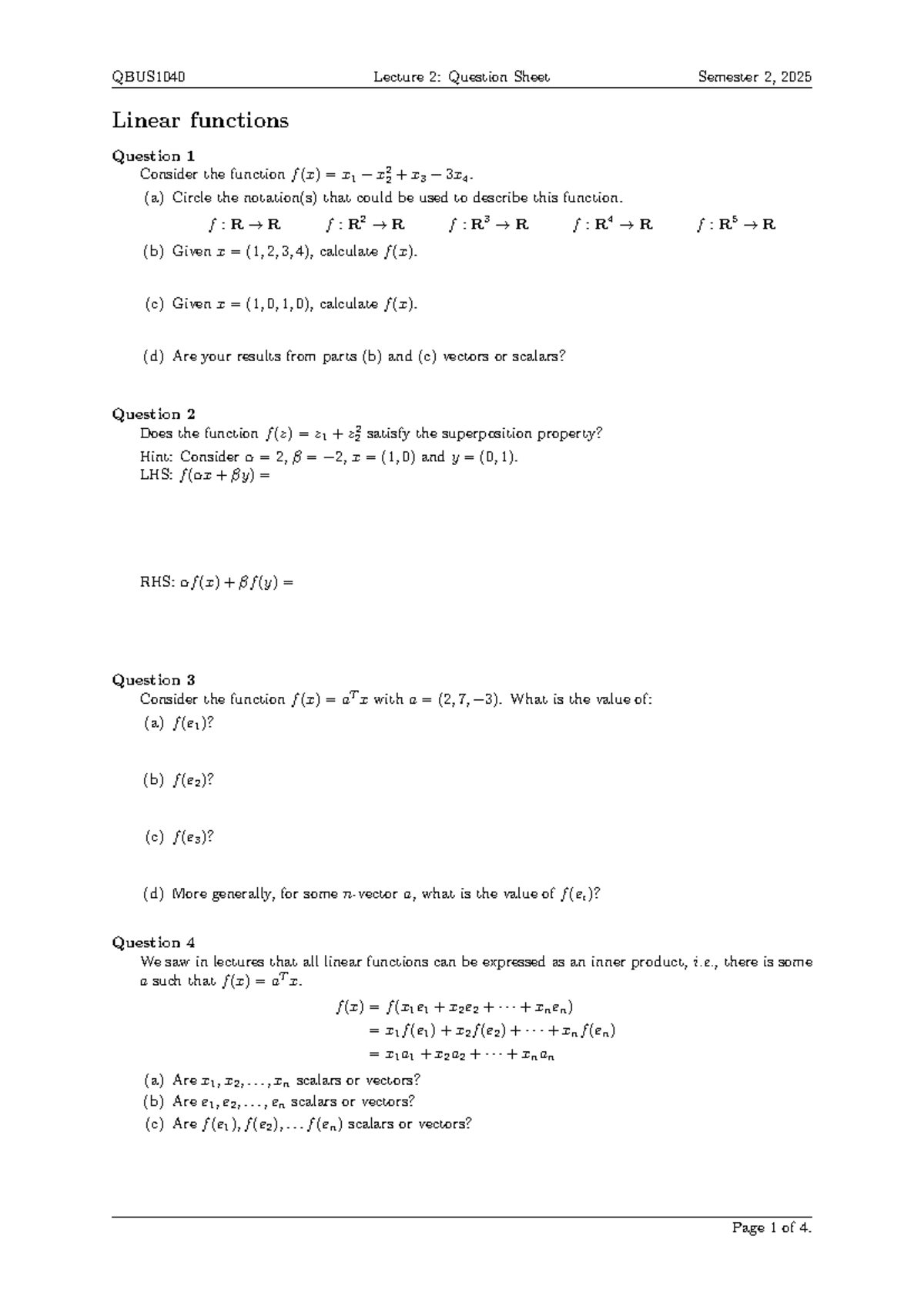 QBUS1040 Lecture 2: Linear Functions Question Sheet - Semester 2, 2025 ...