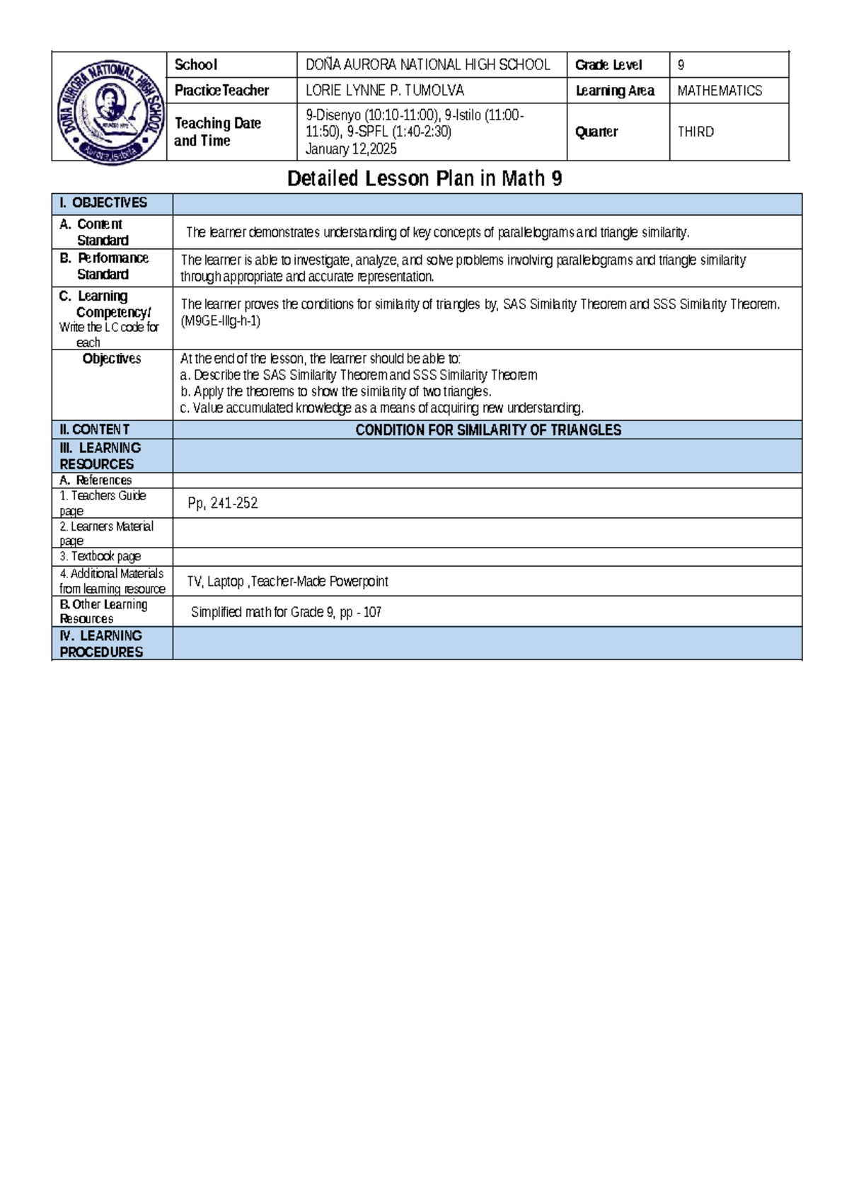 Detailed Lesson Plan: Similarity of Triangles in Math 9 - Studocu