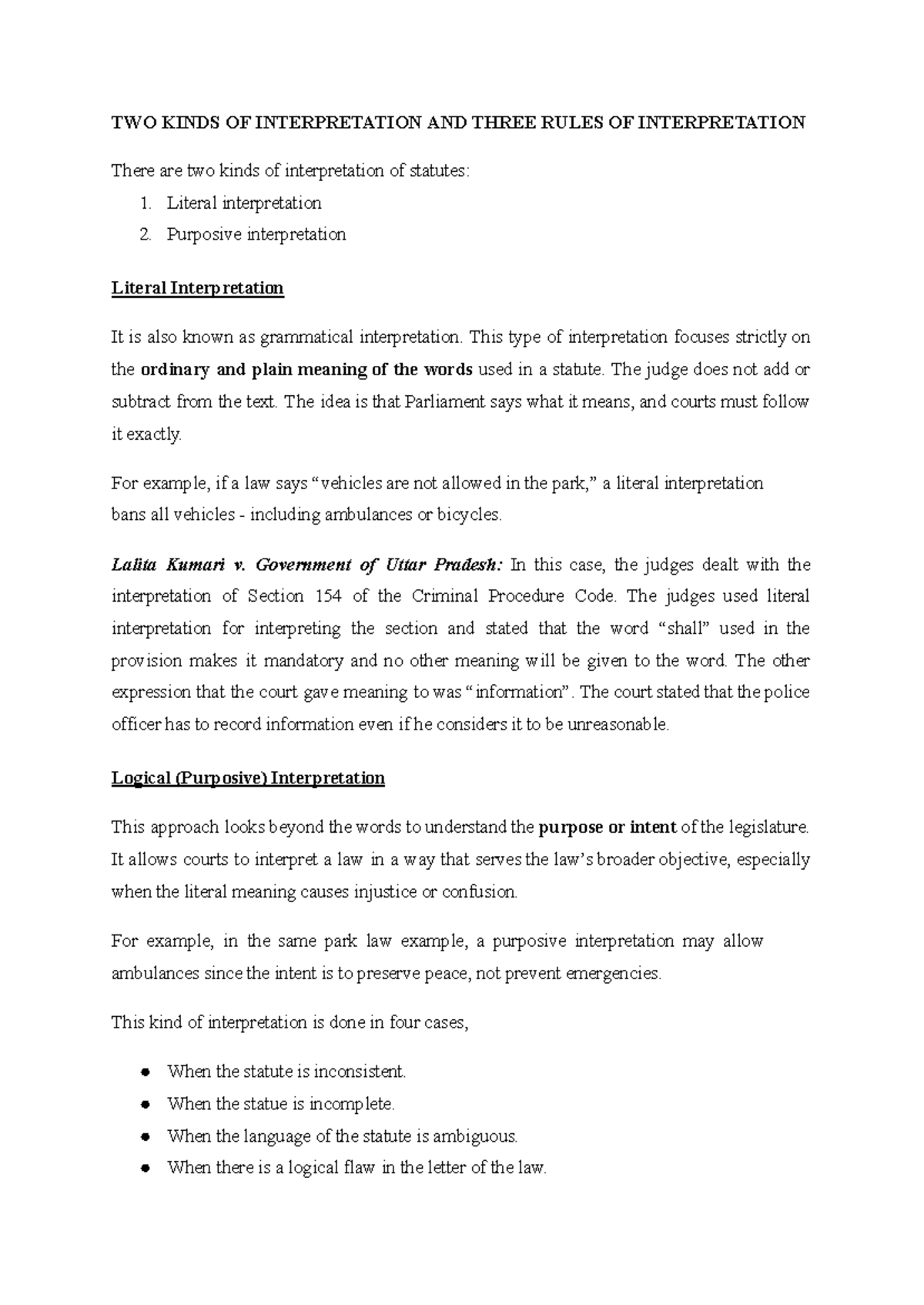 Legal Interpretation: Two Types & Three Key Rules Explained - Studocu