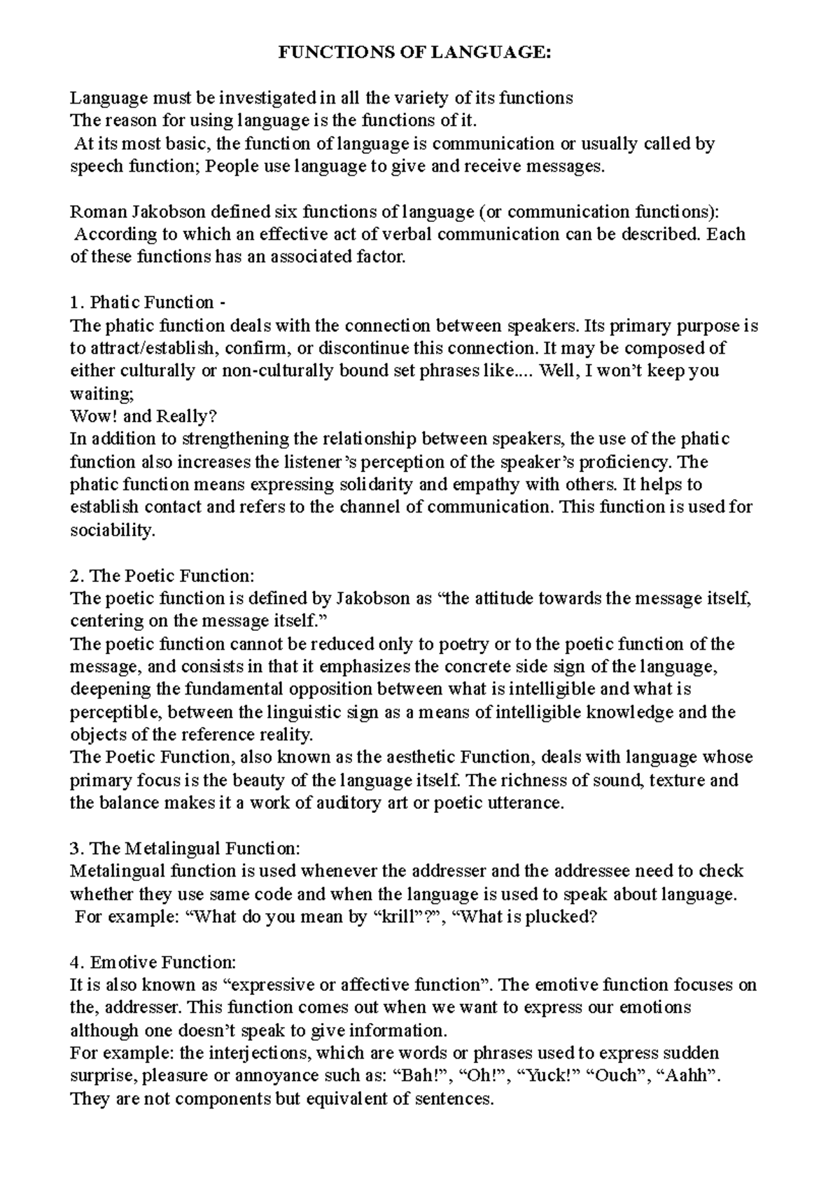 Functions of Language: An Exploration of Jakobson's Six Functions - Studocu