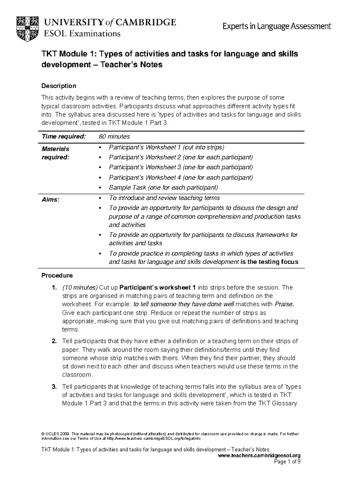 TKT Module 1: Exploring Activities & Tasks for Language Development ...