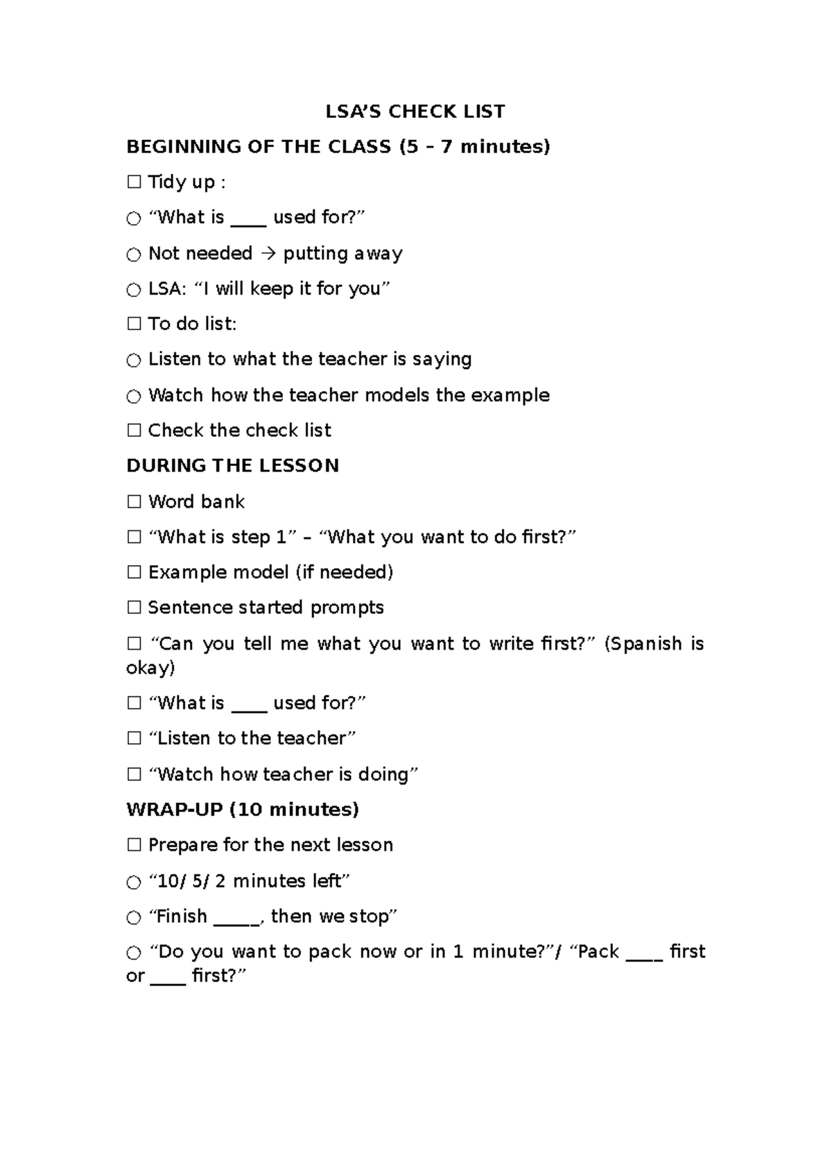 LSA Checklist for Class Preparation and Lesson Management - Studocu