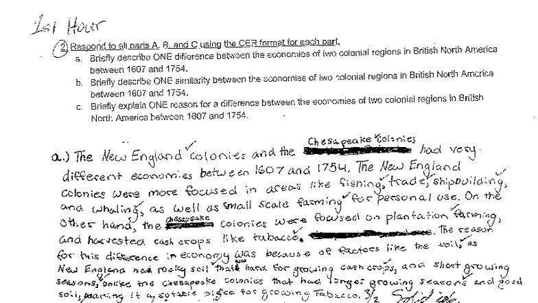 Period 2 Exemplary SAQs: Economic Differences in Colonial Regions (1607 ...
